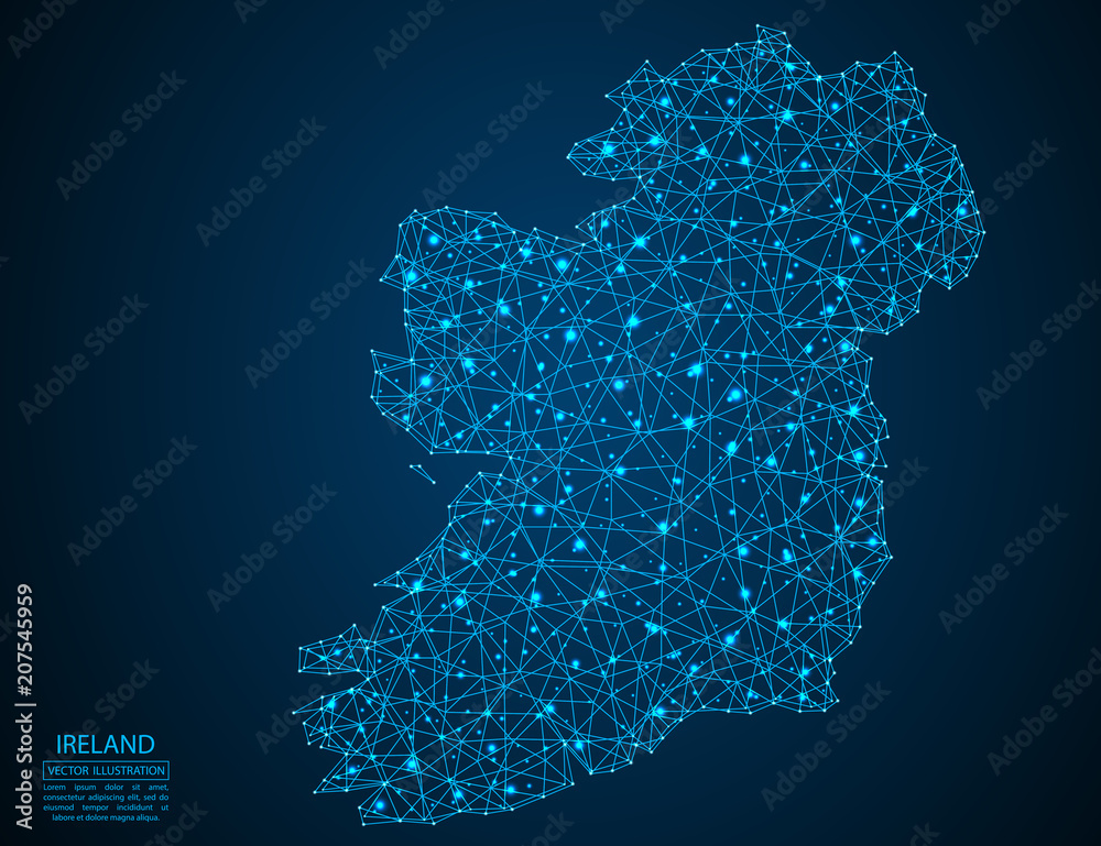 A map of Ireland consisting of 3D triangles, lines, points, and ...