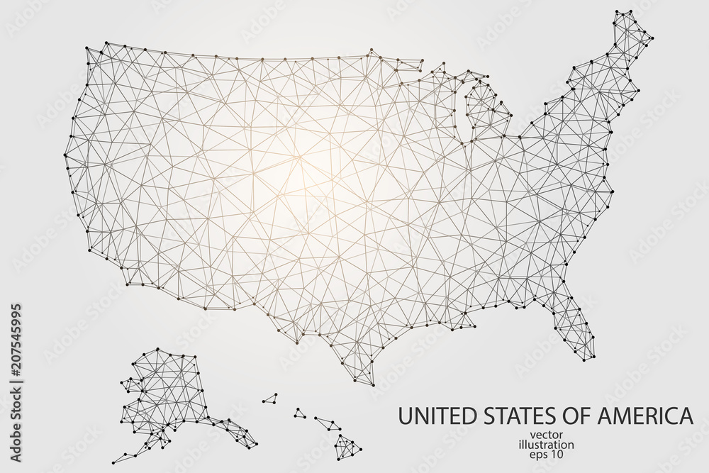 A map of United States of America consisting of 3D triangles, lines ...