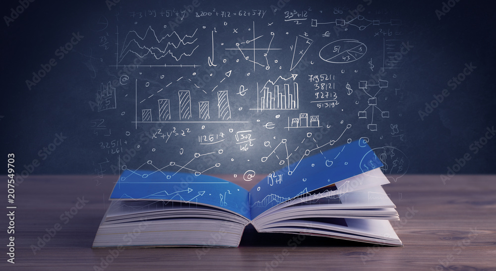 Hand-drawn financial plans and charts coming out of an open book Stock ...