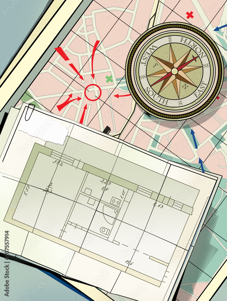 Compass on the city map. Strategy of action. .Search for housing ...