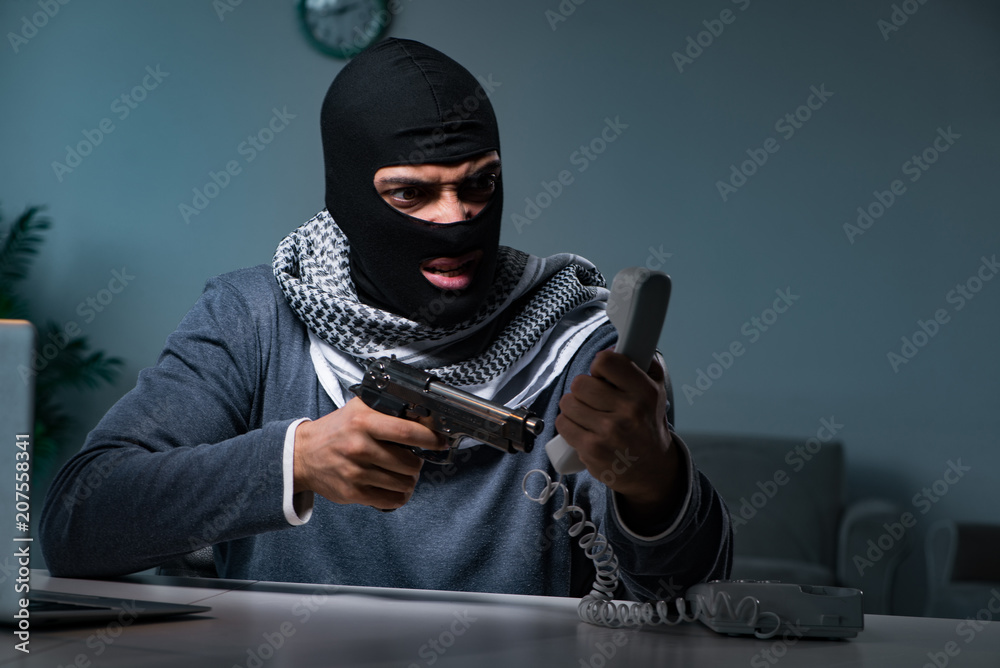 Terrorist burglar with gun working at computer Stock Photo | Adobe Stock