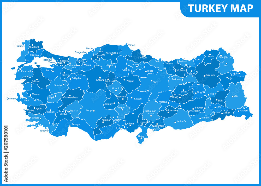 The detailed map of Turkey with regions or states and cities, capital ...