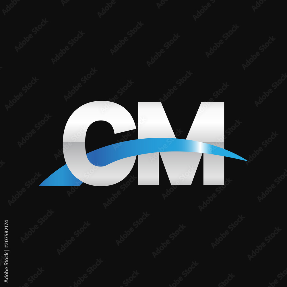 Initial letter CM, overlapping movement swoosh logo, metal silver blue ...