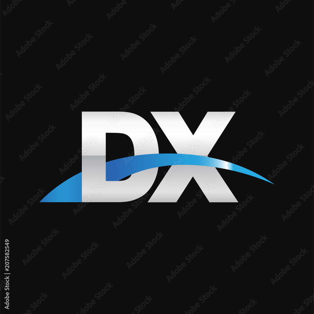 Initial letter DX, overlapping movement swoosh logo, metal silver blue ...