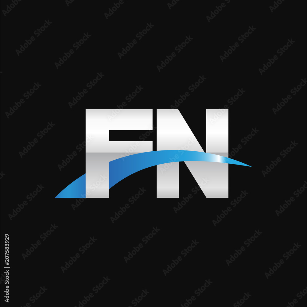 Initial letter FN, overlapping movement swoosh logo, metal silver blue ...