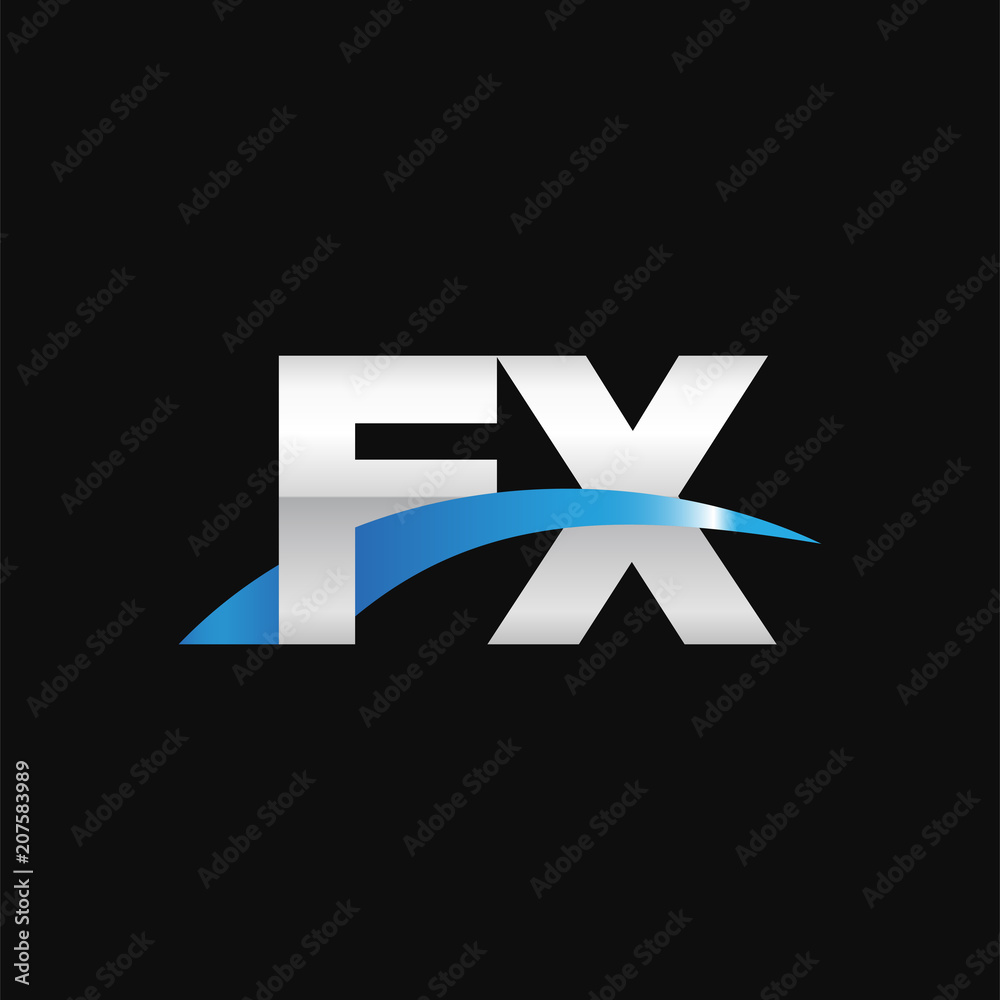 Initial letter FX, overlapping movement swoosh logo, metal silver blue ...