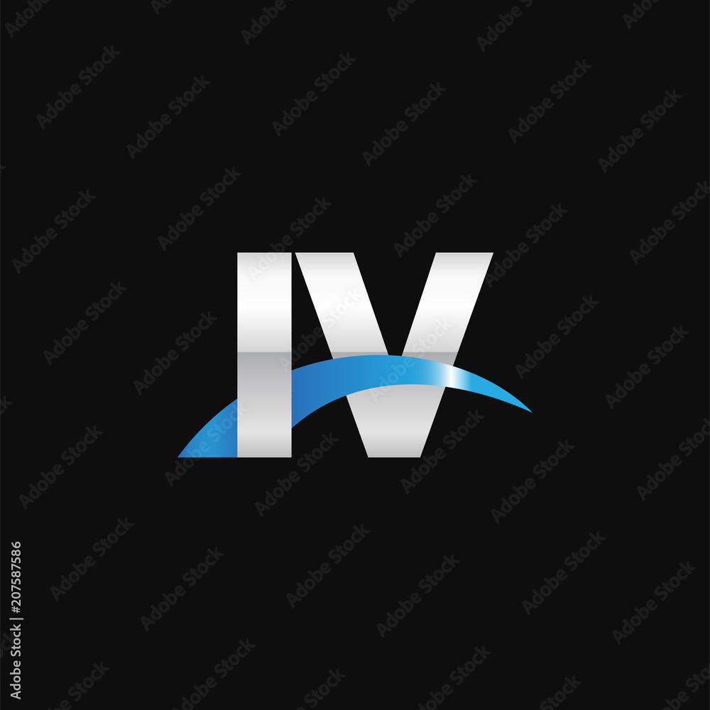 Initial letter IV, overlapping movement swoosh logo, metal silver blue ...