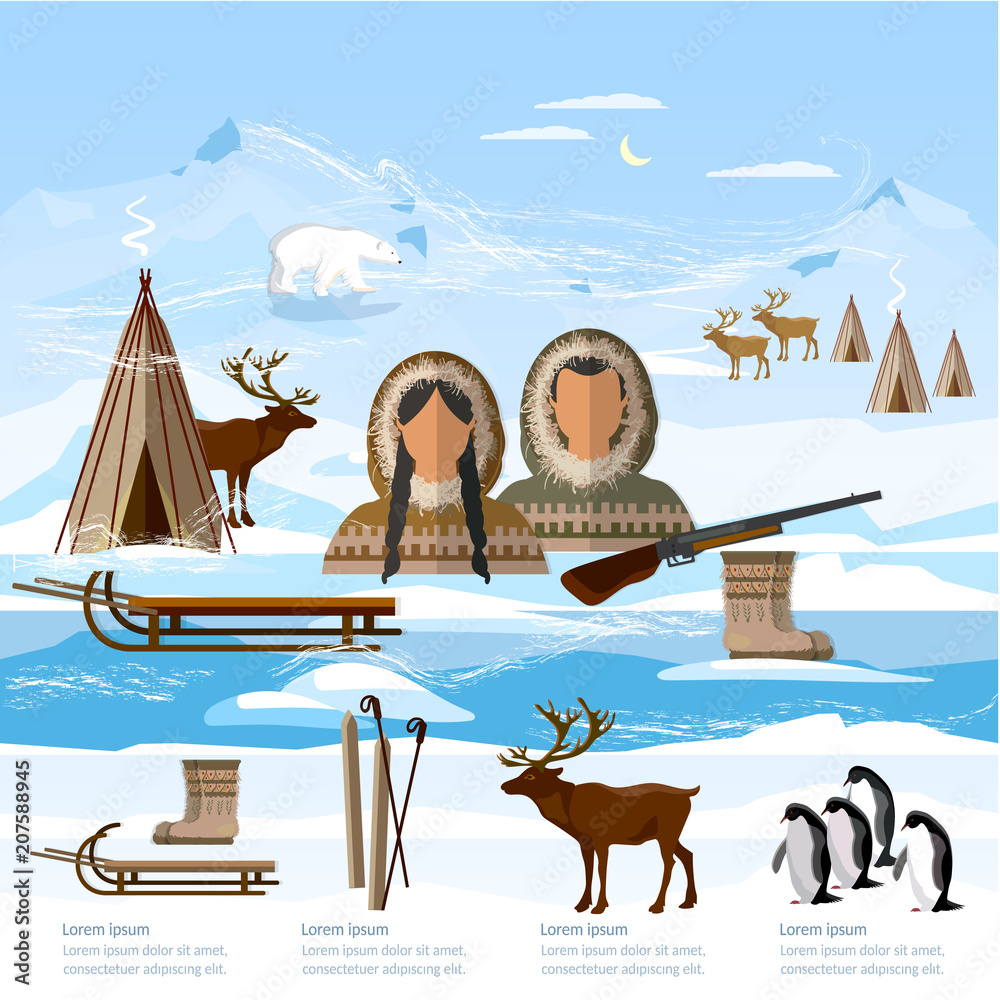 Wild north arctic infographic, people in traditional eskimos costume ...