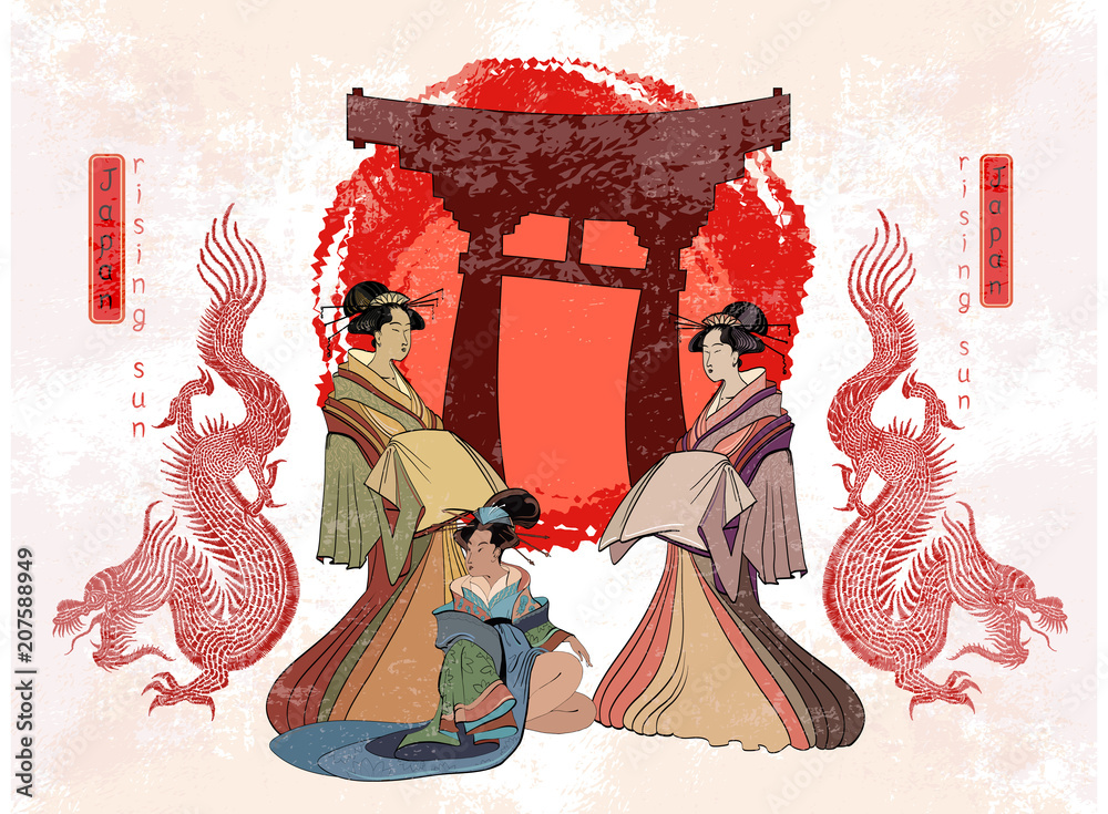 Japan art. Geisha and dragon. Asian culture. Traditional Japanese, red ...