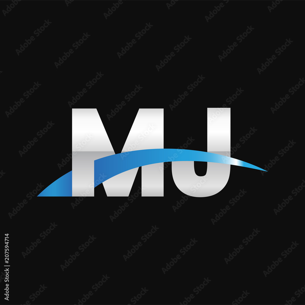 Initial letter MJ, overlapping movement swoosh logo, metal silver blue ...