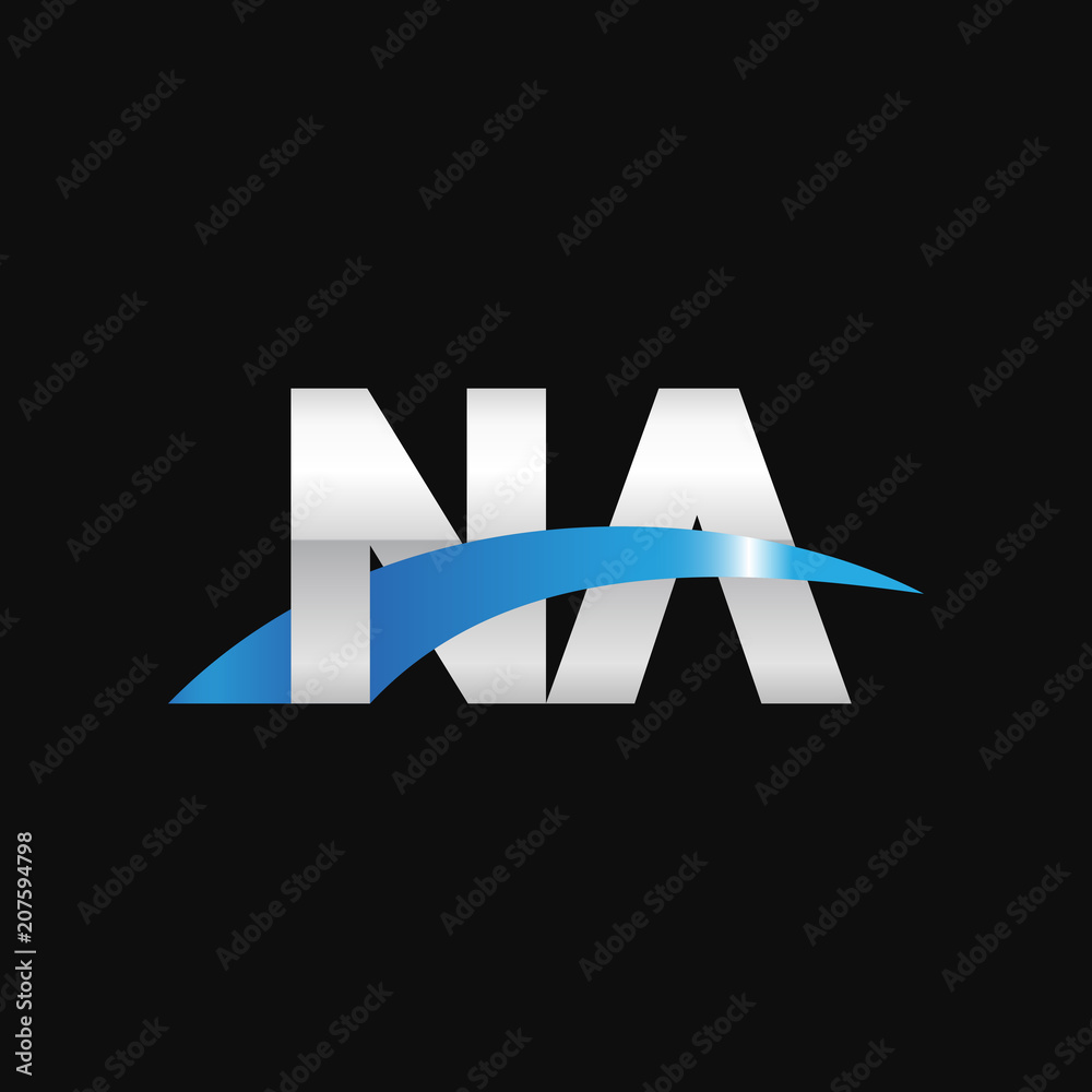 Initial letter NA, overlapping movement swoosh logo, metal silver blue ...