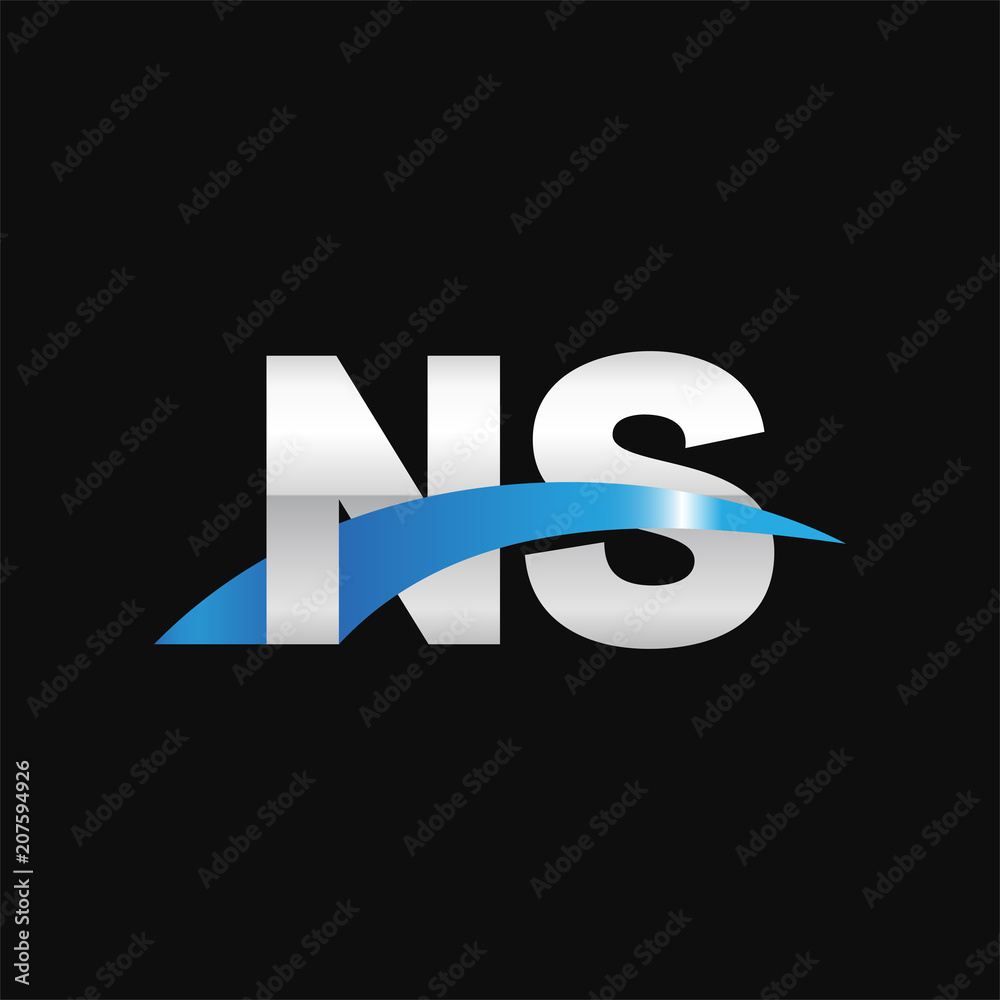 Initial letter NS, overlapping movement swoosh logo, metal silver blue ...