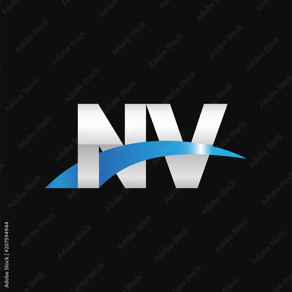 Initial letter NV, overlapping movement swoosh logo, metal silver blue ...