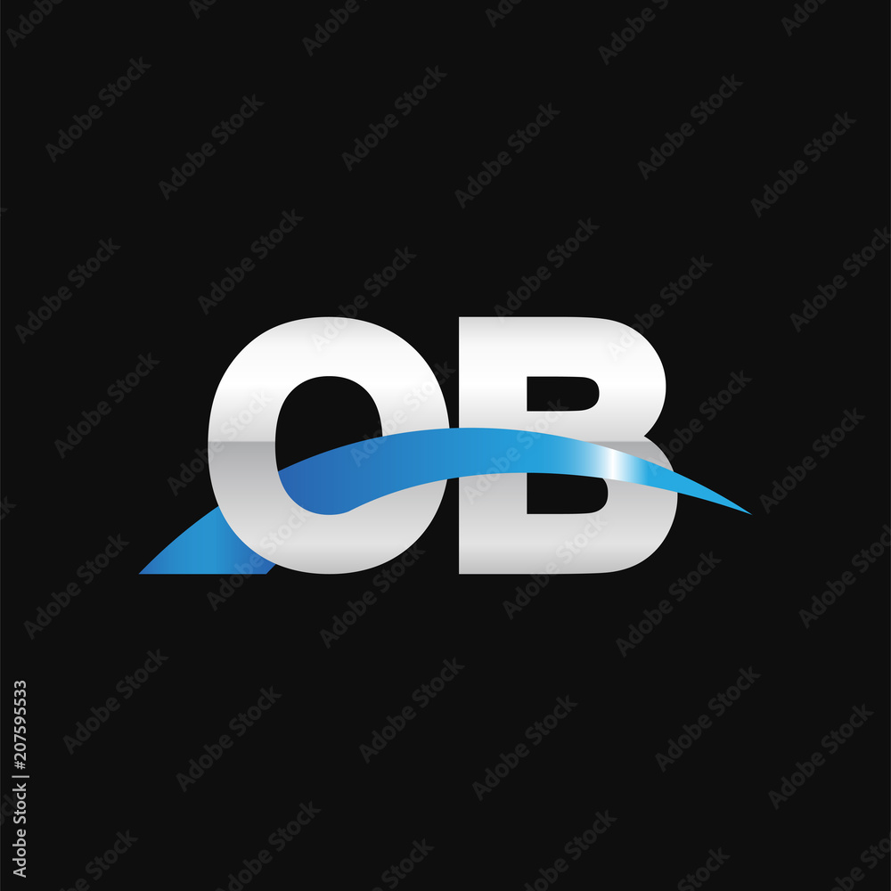 Initial letter OB, overlapping movement swoosh logo, metal silver blue ...