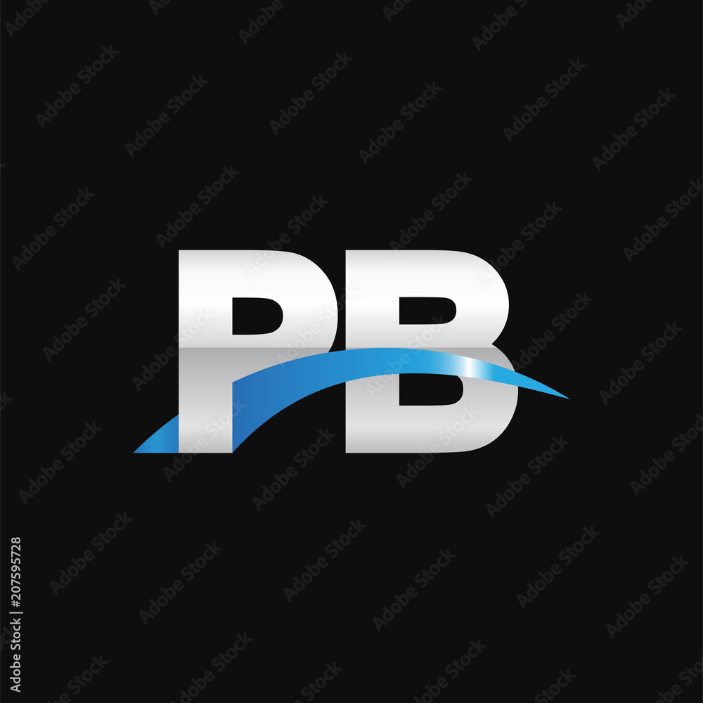 Initial letter PB, overlapping movement swoosh logo, metal silver blue ...
