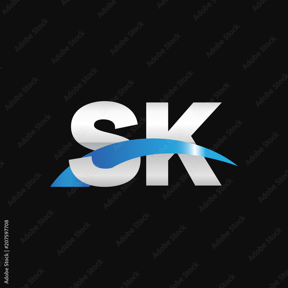 Initial letter SK, overlapping movement swoosh logo, metal silver blue ...