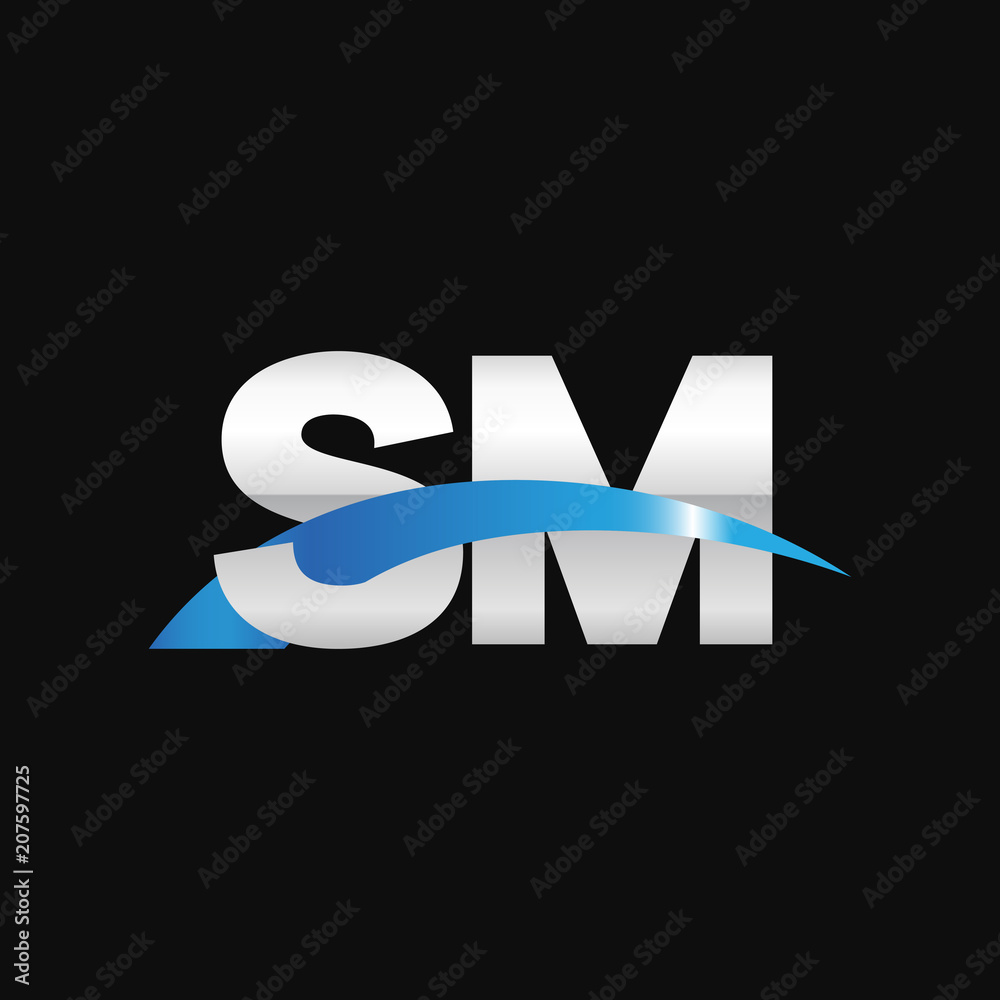 Initial letter SM, overlapping movement swoosh logo, metal silver blue ...