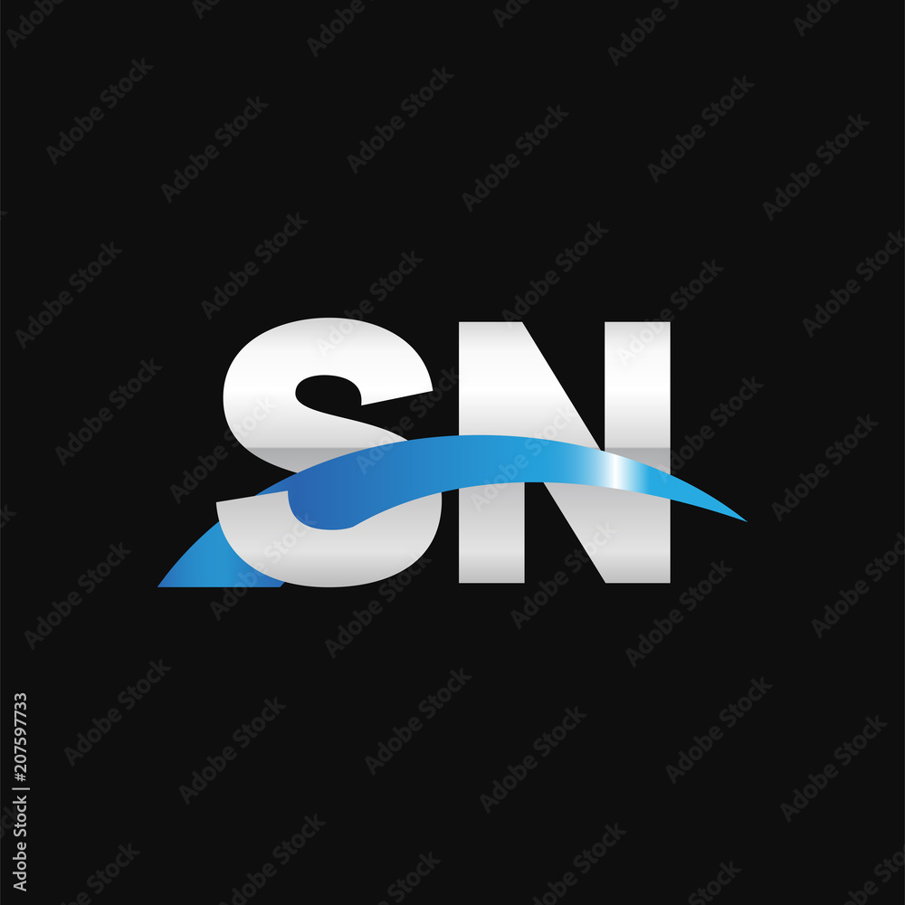 Initial letter SN, overlapping movement swoosh logo, metal silver blue ...