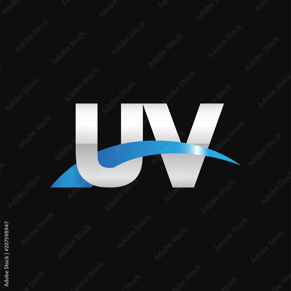 Initial letter UV, overlapping movement swoosh logo, metal silver blue ...