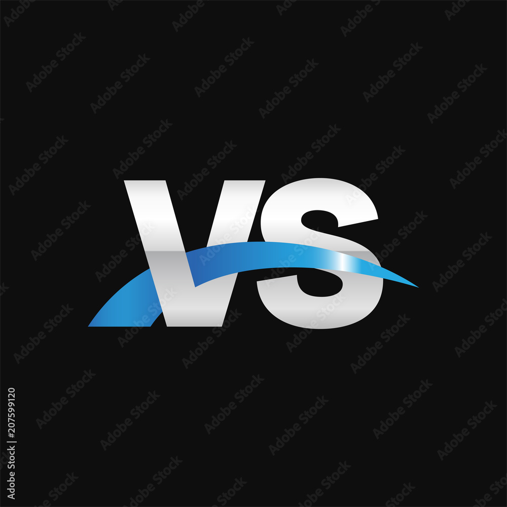 Initial letter VS, overlapping movement swoosh logo, metal silver blue ...