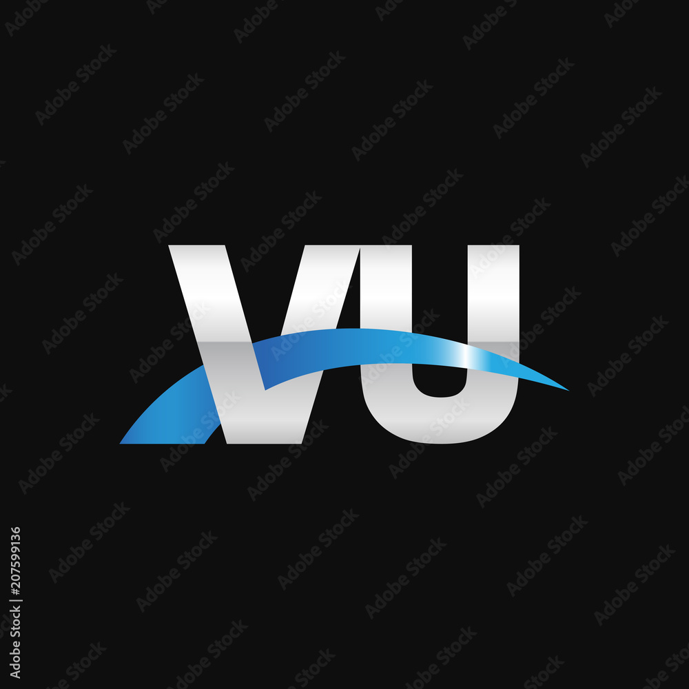 Initial letter VU, overlapping movement swoosh logo, metal silver blue ...