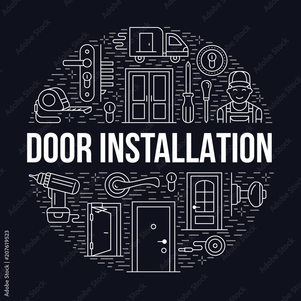 Doors installation, repair banner illustration. Vector line icons of ...
