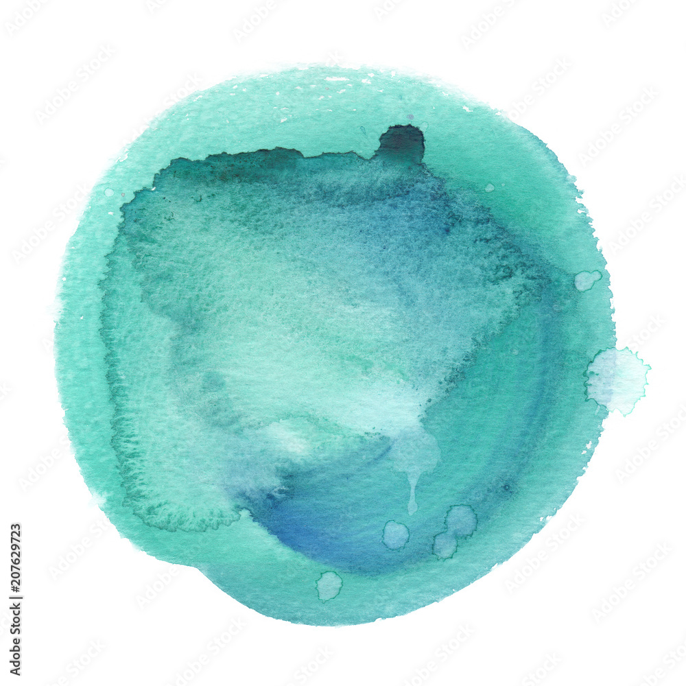 Pastel teal green circle painted in watercolor on clean white ...