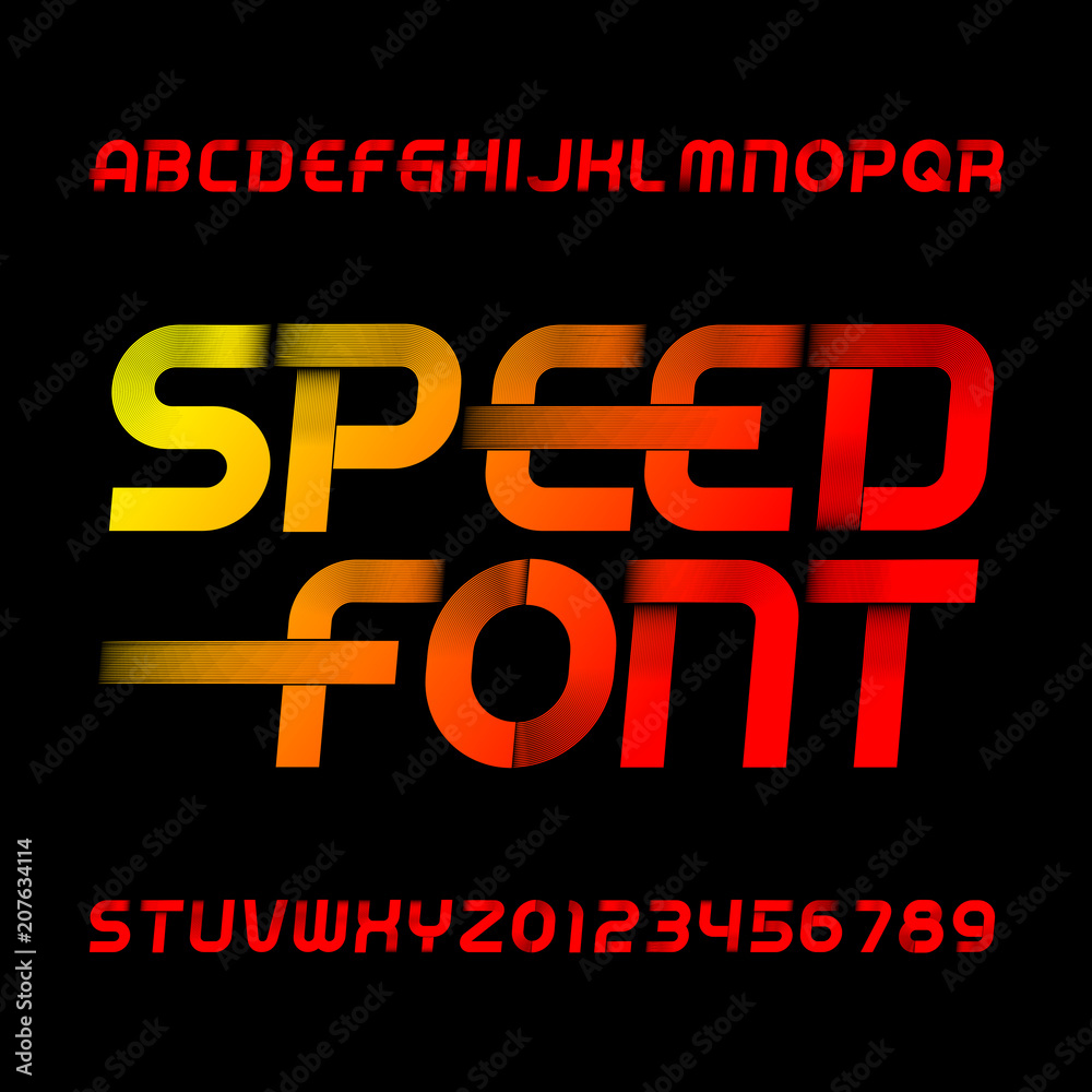 Speed alphabet font. Wind effect type letters and numbers on black ...