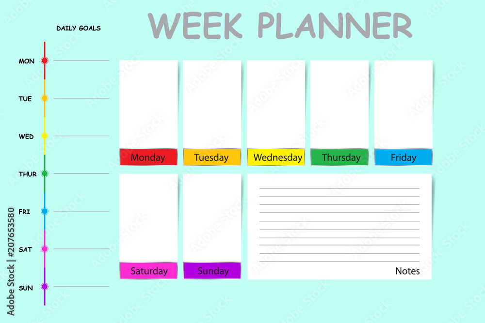 Weekly planner containinig timeline, place for daily goals, a chart for ...