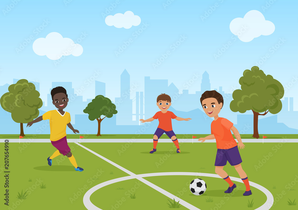 Boys kids playing soccer football. Vector illustration. Stock Vector ...