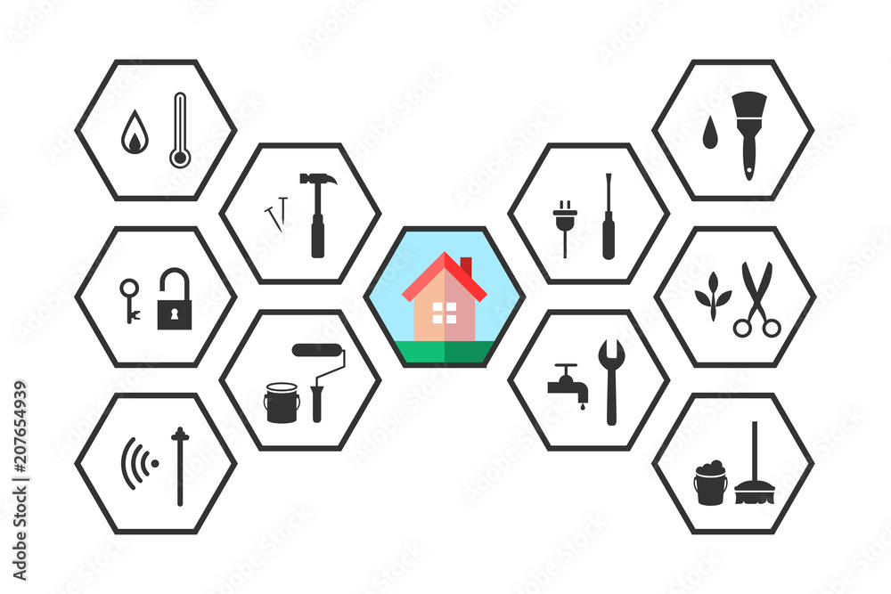 Property management concept with building and working tools set in line ...