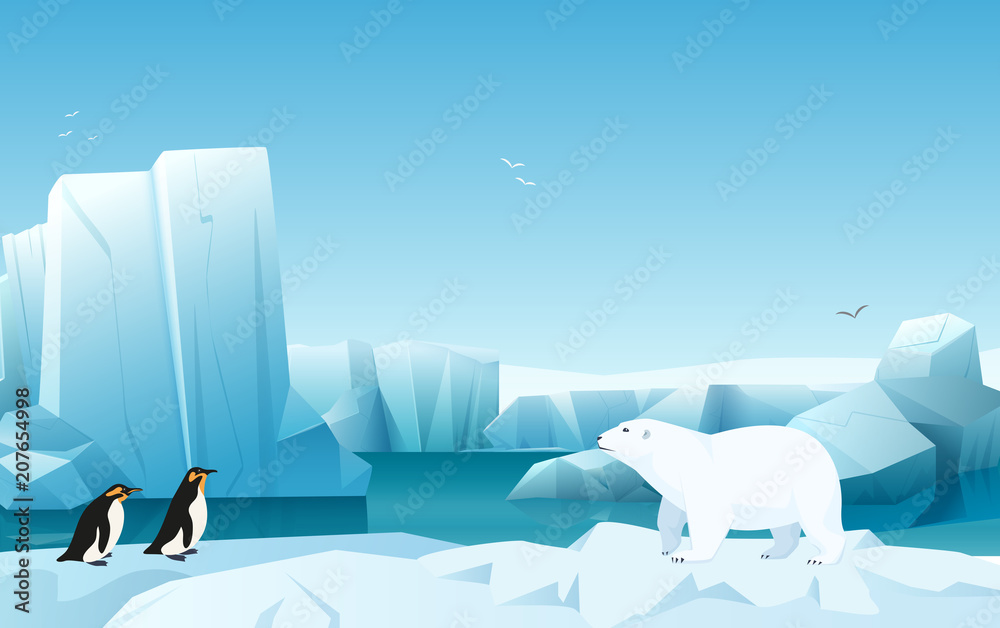 Cartoon nature winter arctic ice landscape with iceberg, snow mountains ...