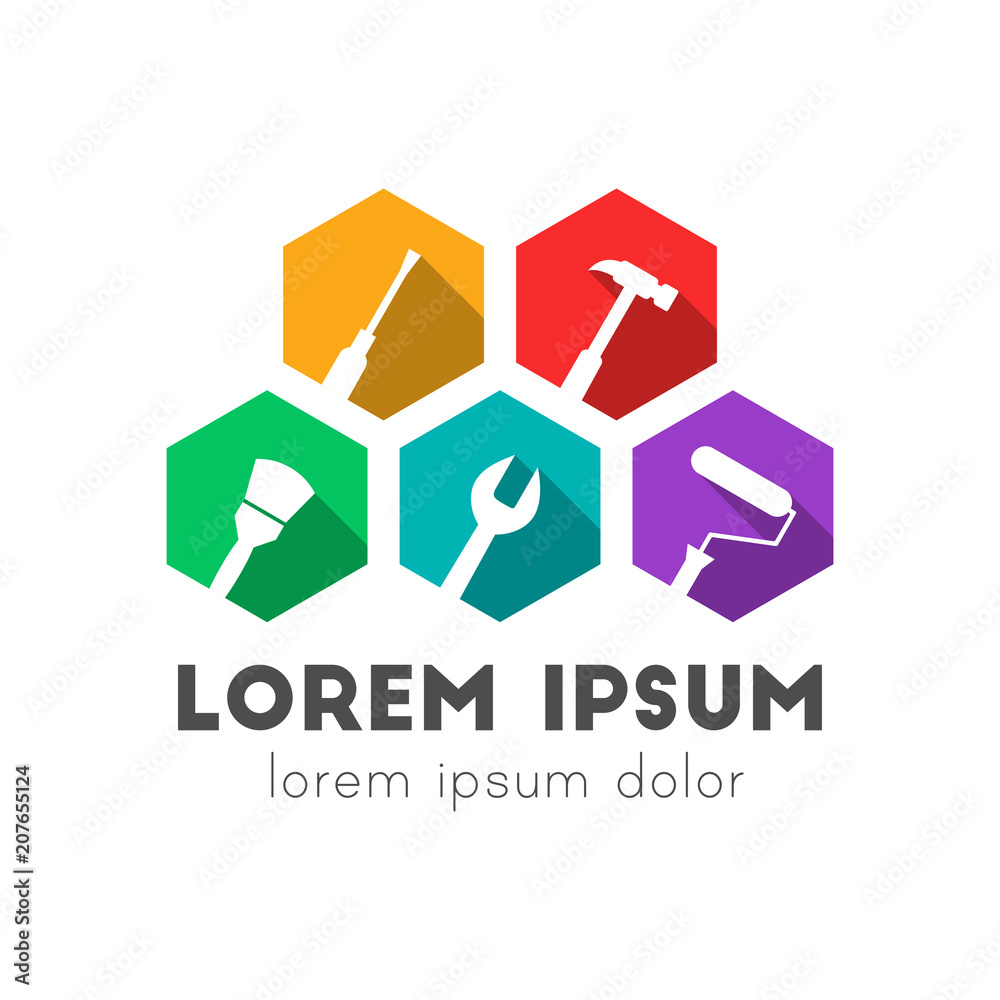 Working tools logo concept. Icons tilted sideways. Colorful flat design ...