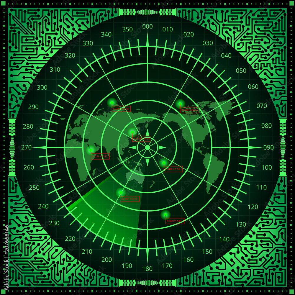 Digital radar screen with world map, targets and circuit board elements ...