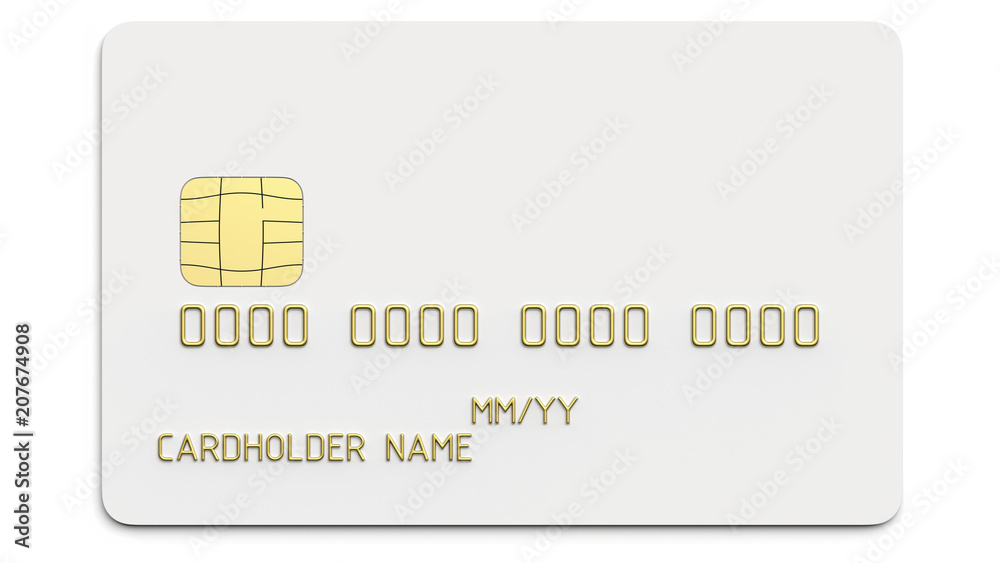 Debit plastic card or credit card, white with gold symbols. 3D render ...