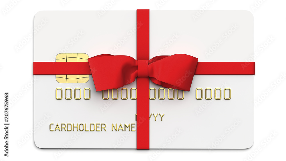 Debit plastic card or credit card, tied with a red bow and ribbons. 3D ...