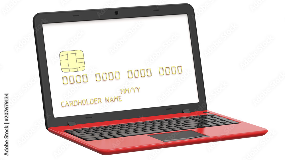 Debit plastic card or credit card inside laptop screen. 3D render of ...