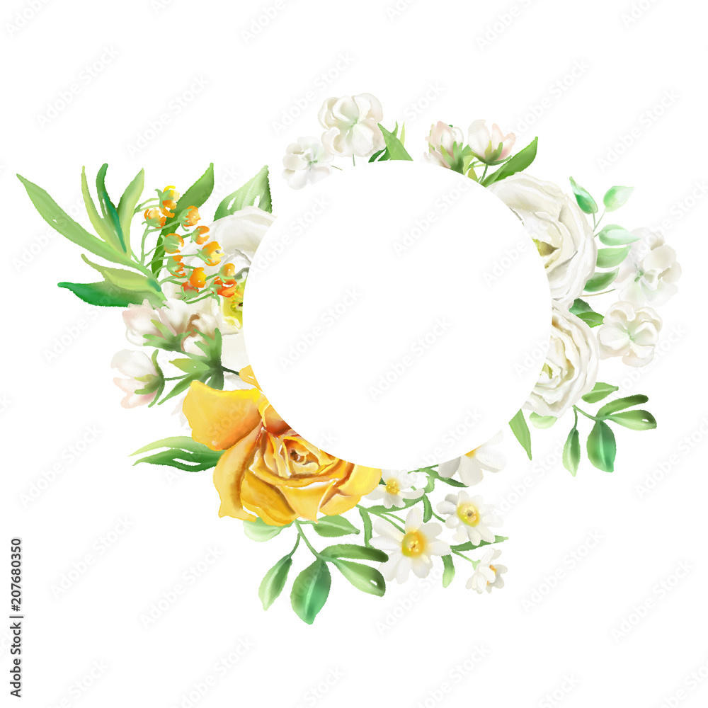 Beautiful round, circle frame with watercolor flowers, floral bouquets ...