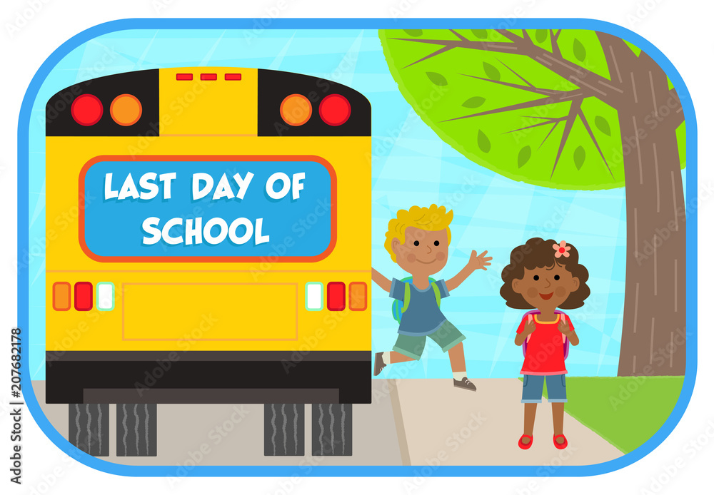 Last Day of School - two cheerful children are getting off a school bus ...