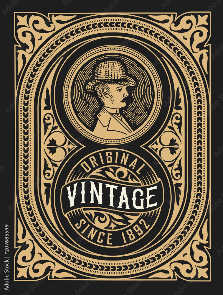 Retro label design with gentleman and floral details. Organized by ...