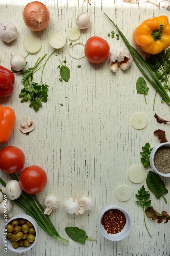 Healthy food . Creative layout made of tomato, mushrooms and salad ...