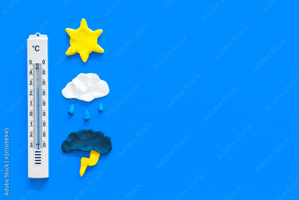 Weather forecast concept. Air temperature. Termometer among cloud and ...