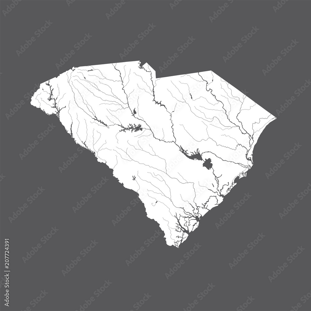 U.S. states - map of South Carolina. Rivers and lakes are shown. Please ...