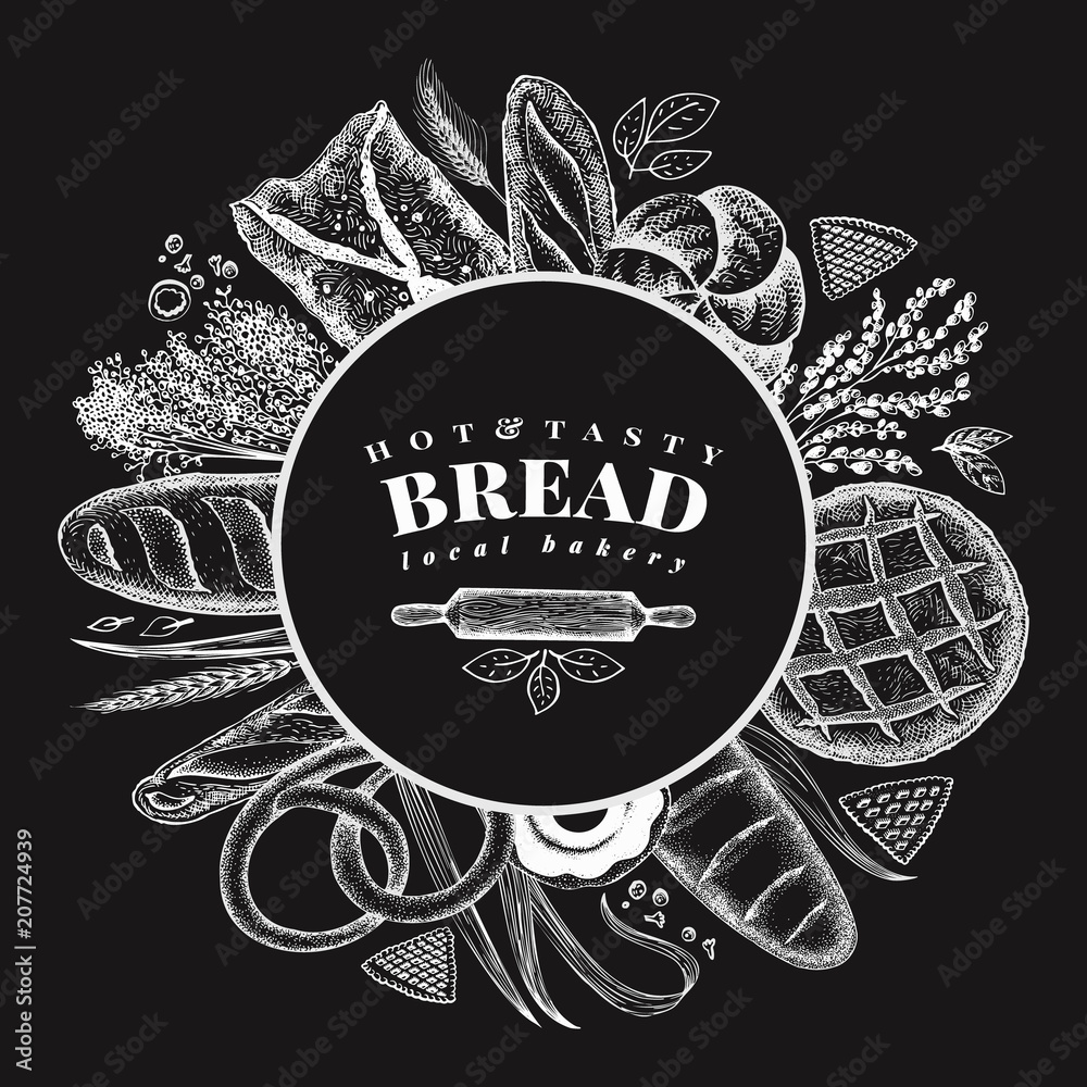 Vector bakery hand drawn illustration on chalk board. Background with ...
