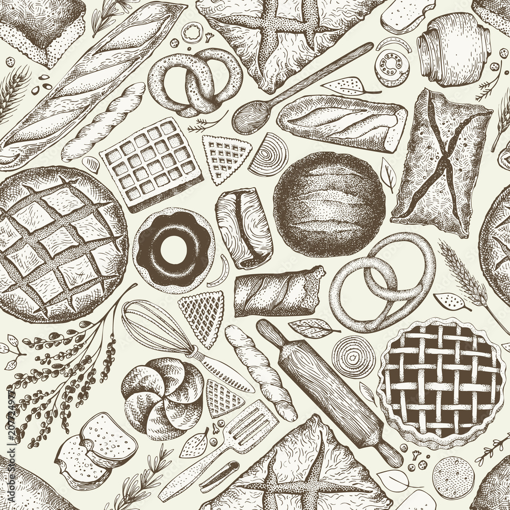 Bakery top view background. Hand drawn vector seamless pattern with ...