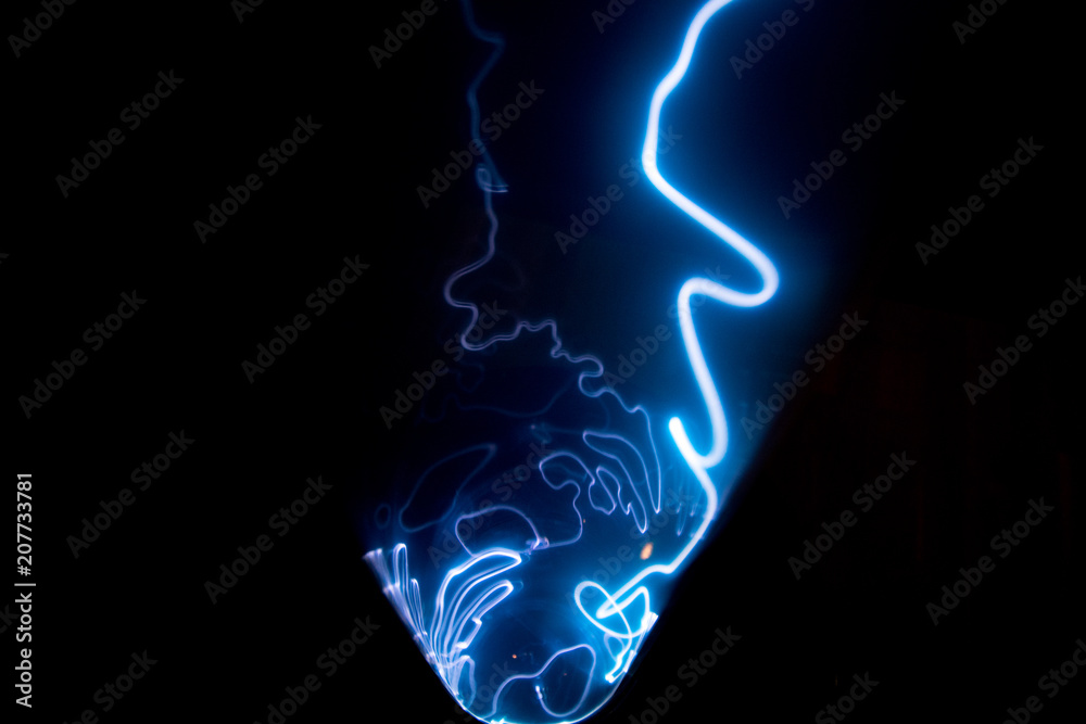 Plasma tunnel with blue and light blue flashes. Big electric shocks in ...