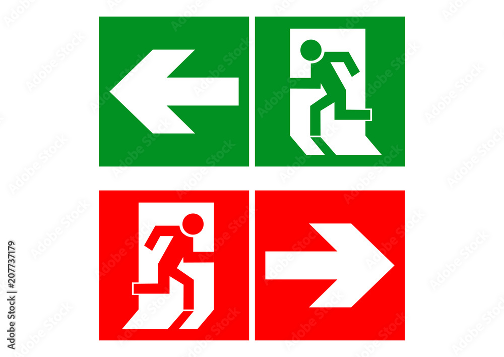 Safe sign. The exit icon. Emergency exit. Green icon and red icon on a ...