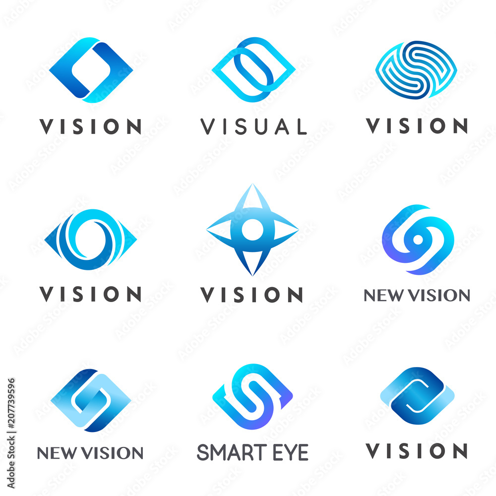 Vision. Vector logo set. Eye logos. Video control signs. Smart business ...