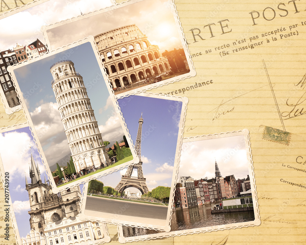 Vintage travel background with retro photos of european landmarks Stock ...