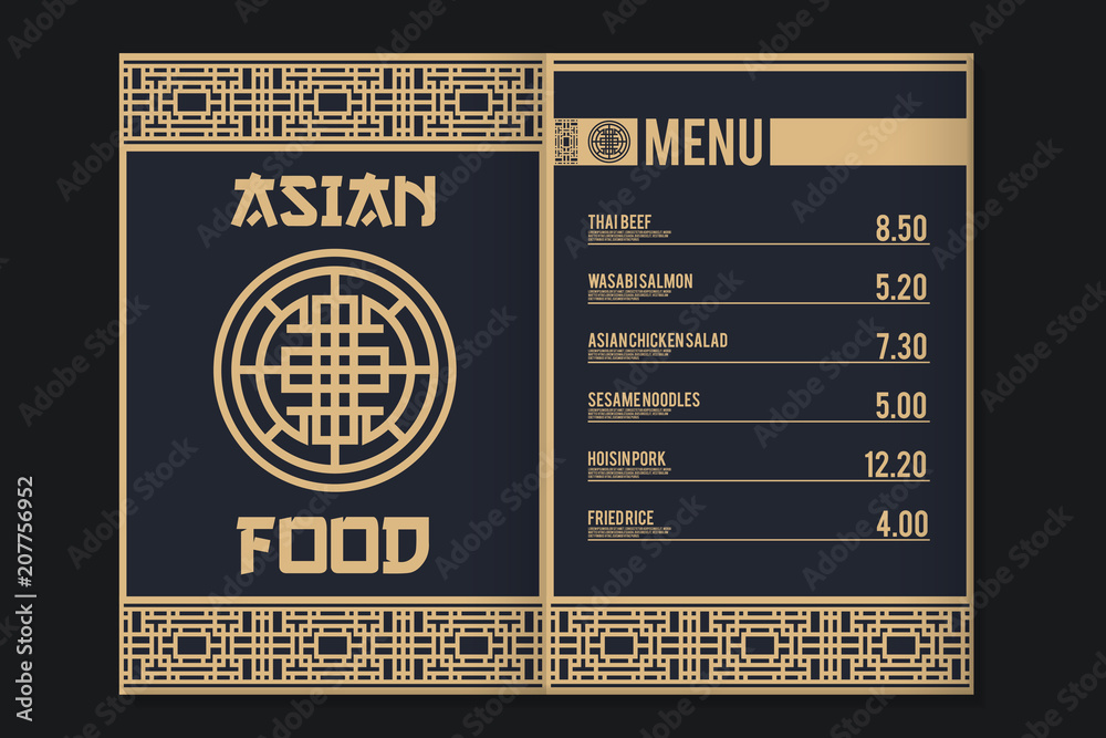 Asian style menu with asian patterns and symbols. Sushi and traditional ...
